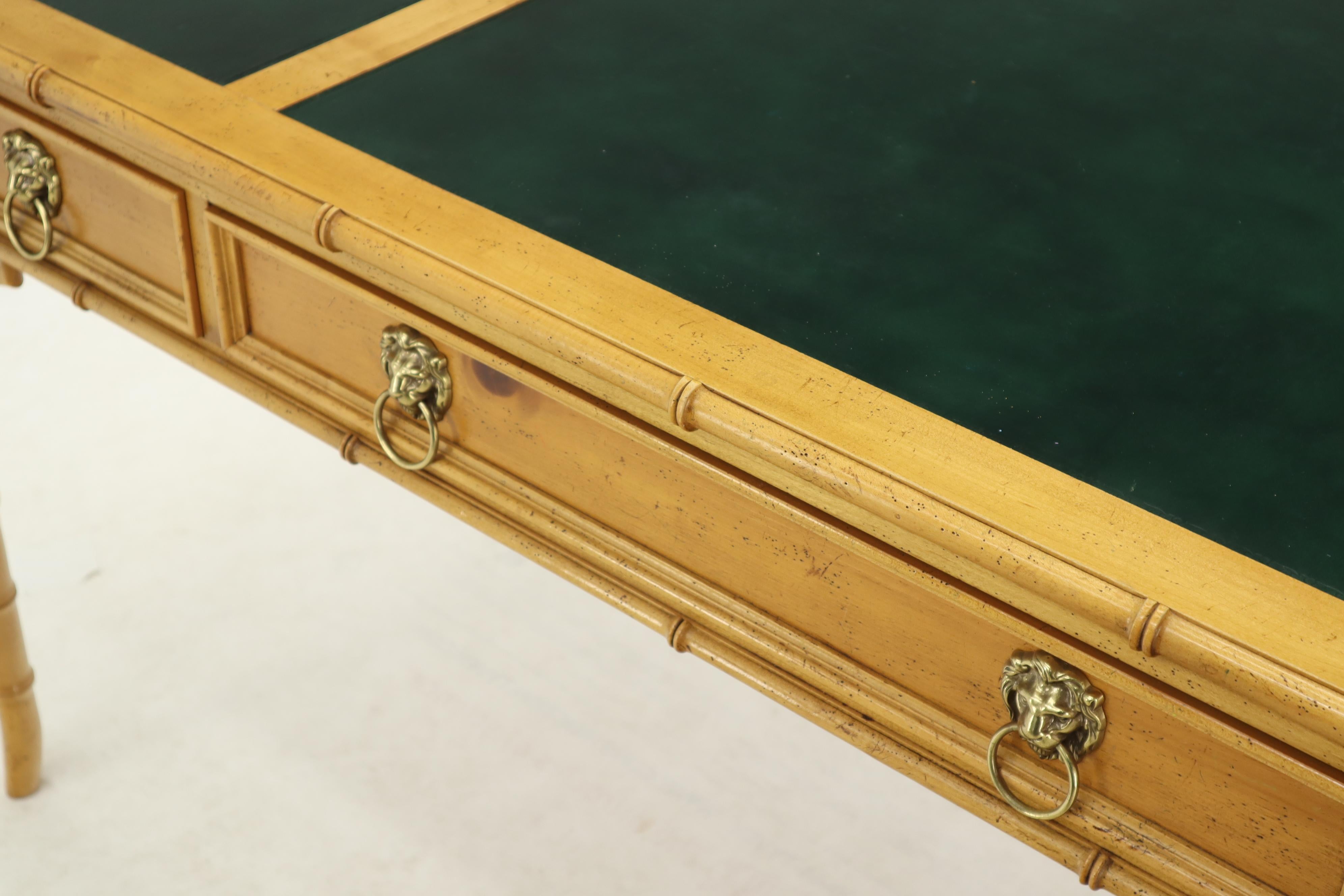 Horn Shape Leg Faux Burnt Bamboo Green Leather Top Desk by Baker For ...