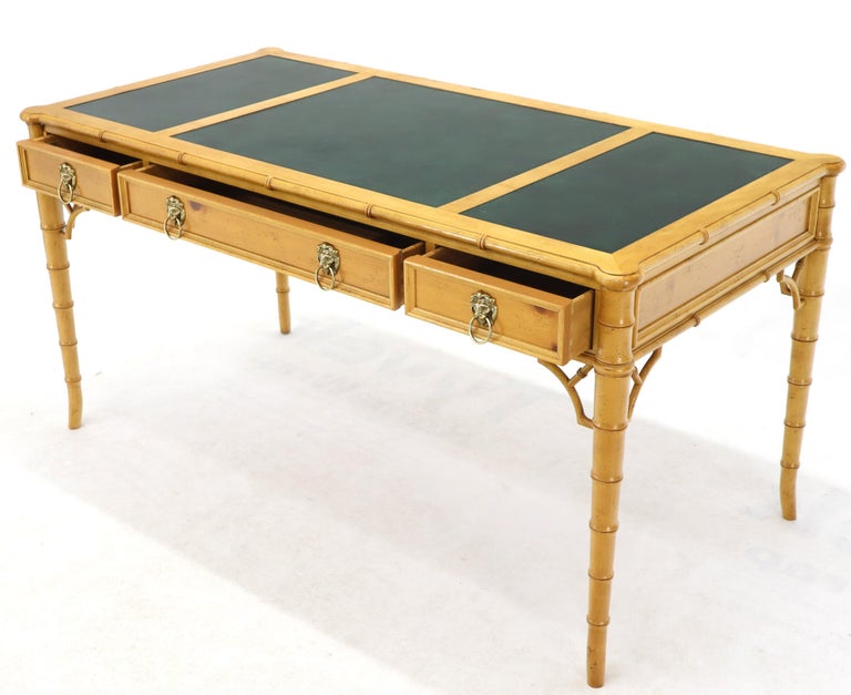 Horn Shape Leg Faux Burnt Bamboo Green Leather Top Desk by Baker For ...