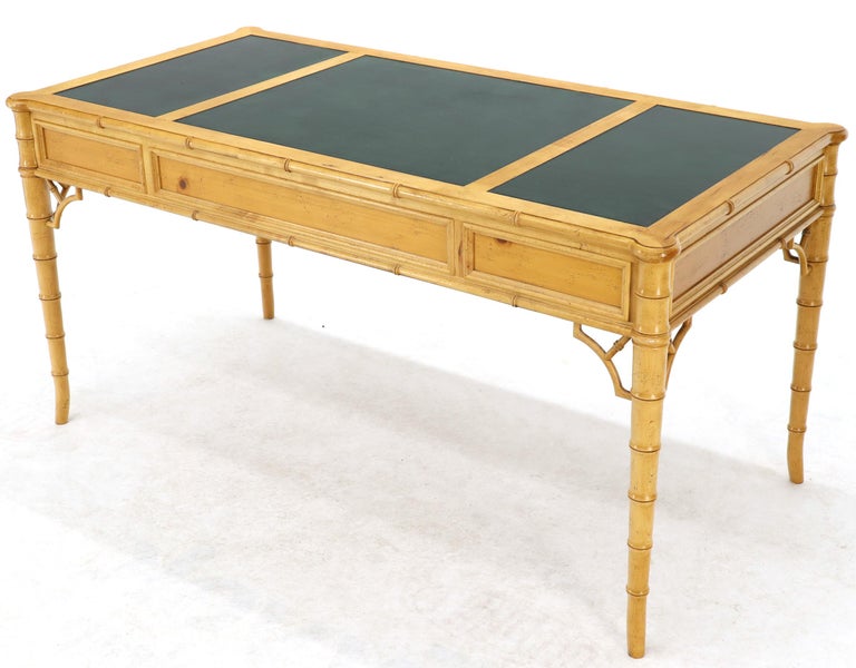 Horn Shape Leg Faux Burnt Bamboo Green Leather Top Desk by Baker For ...