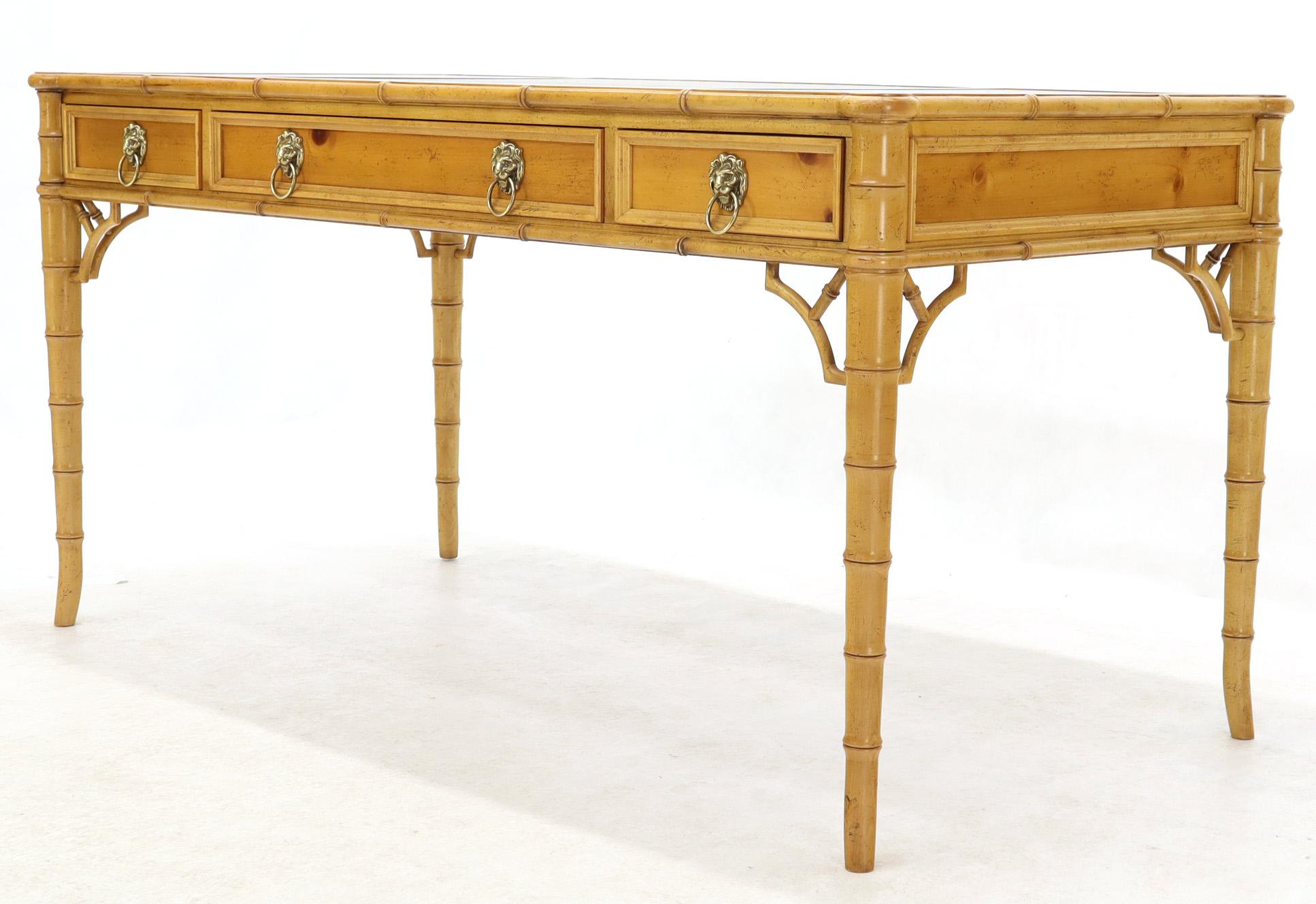 Horn Shape Leg Faux Burnt Bamboo Green Leather Top Desk by Baker For ...