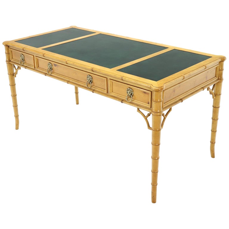 Horn Shape Leg Faux Burnt Bamboo Green Leather Top Desk by Baker For ...