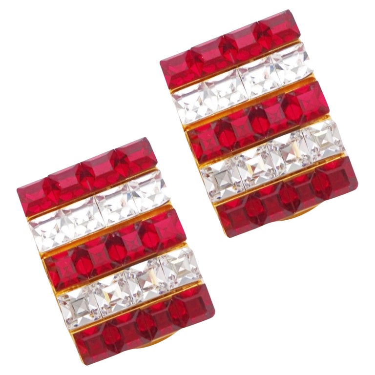 Hot Pink Crystal Stripe Statement Earrings By Gianni De Liguoro, 1980s For Sale at 1stDibs