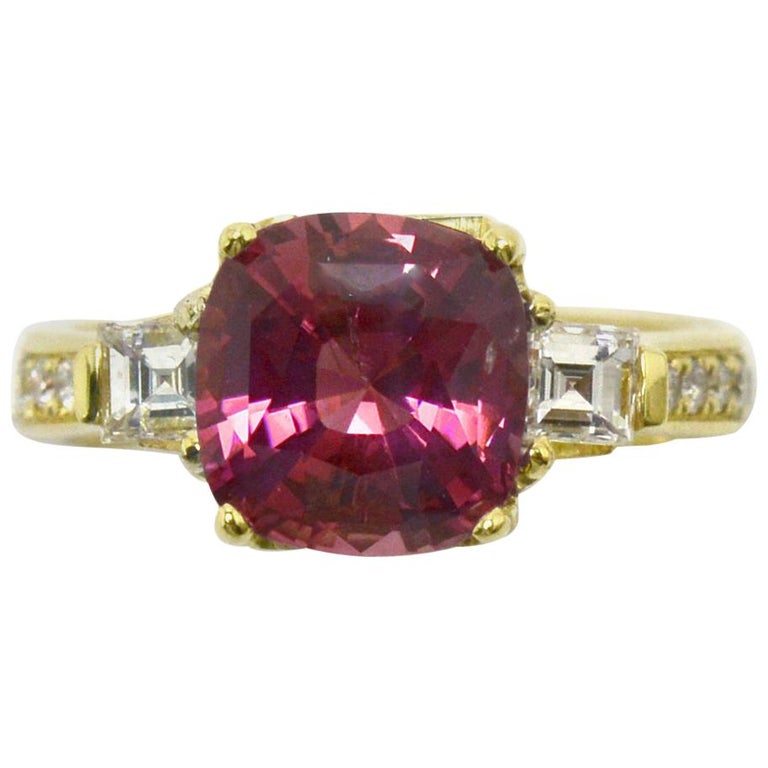 Hot Pink Sapphire Ring 3-Stone 18 Karat Gold 3.43 Carat Cushion Cut ...