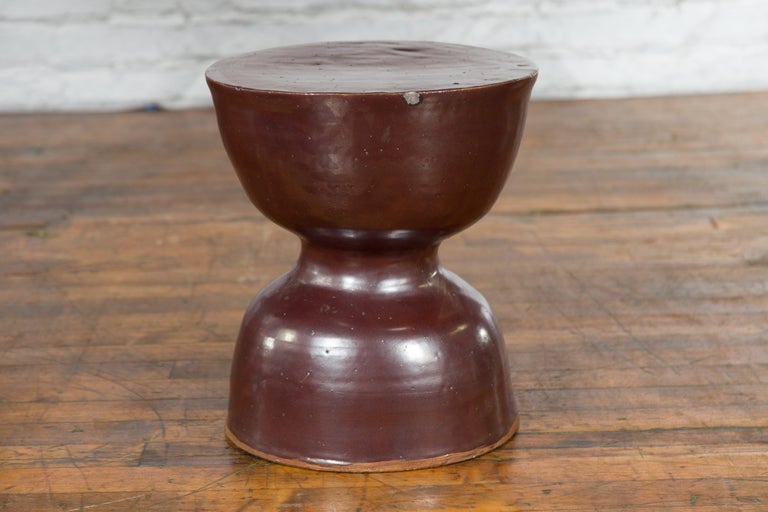 Hourglass Shaped Handmade Ceramic Garden Stool with Brown Iridescent ...