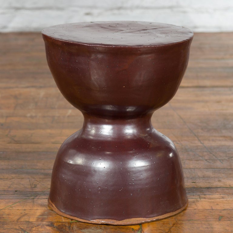 Hourglass Shaped Handmade Ceramic Garden Stool with Brown Iridescent ...
