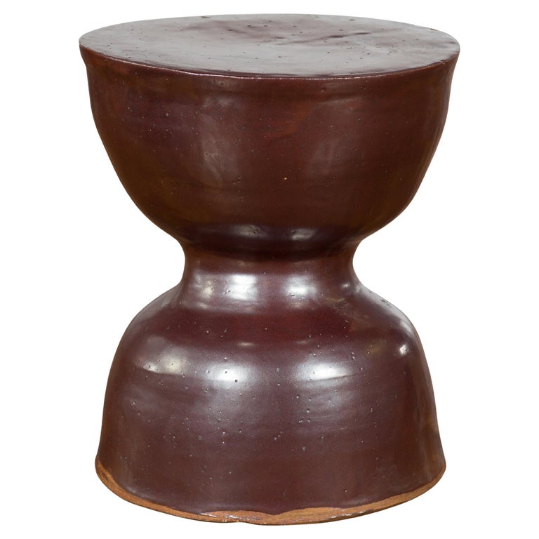 Hourglass Shaped Handmade Ceramic Garden Stool with Brown Iridescent ...