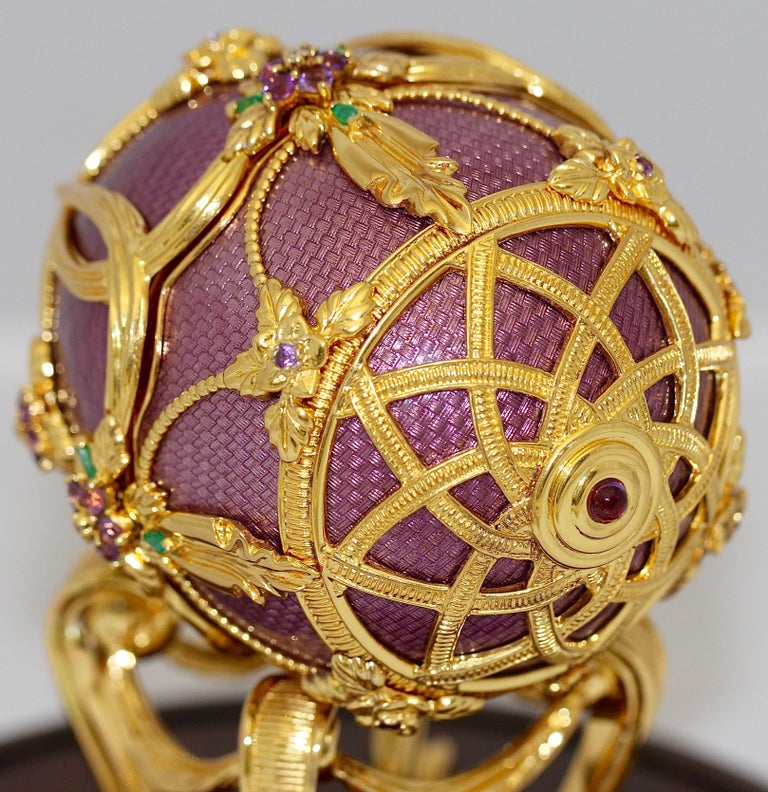 House of Faberge Jeweled Sterling Silver Egg, Enamel, Diamonds, Emerald ...