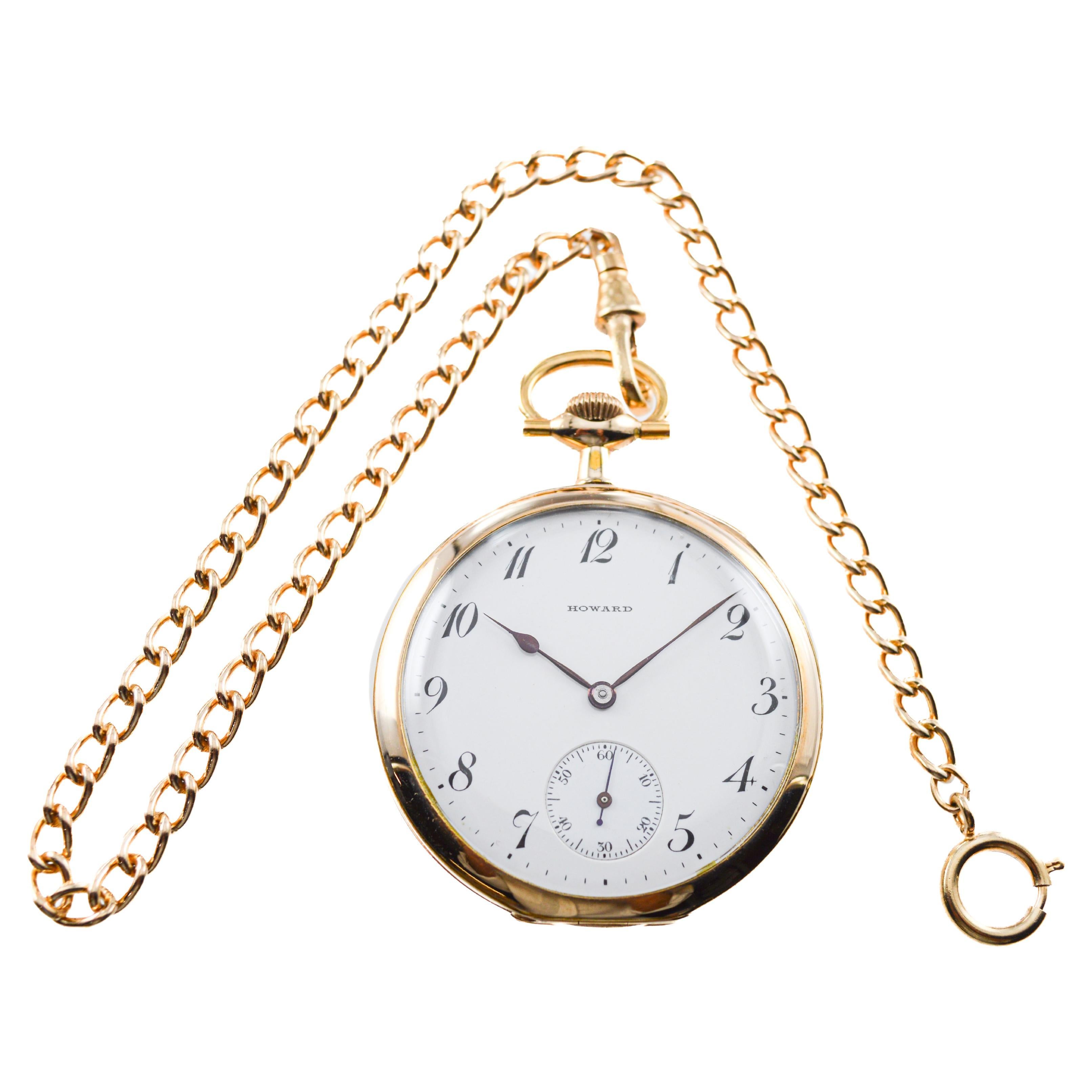 Howard Yellow Gold Filled Open Faced Pocket Watch with Original Enamel ...