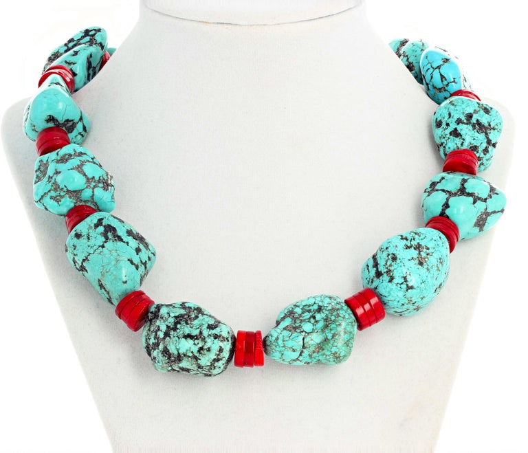 AJD Huge Howlite Turquoise and Natural Red Coral Necklace at 1stDibs