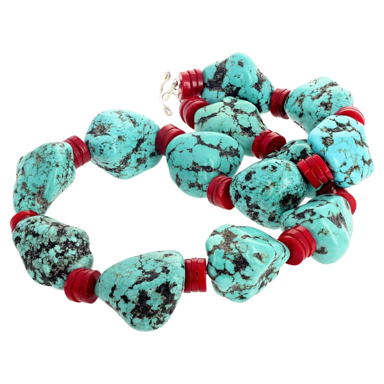 AJD Huge Howlite Turquoise and Natural Red Coral Necklace at 1stDibs