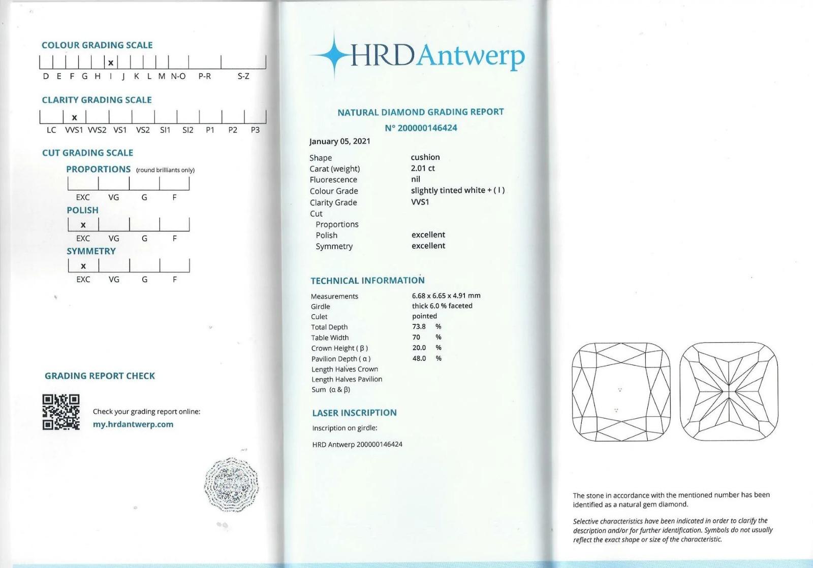 Hrd Antwerp 2 Carat Cushion Cut Certified Diamond Ring For Sale at ...