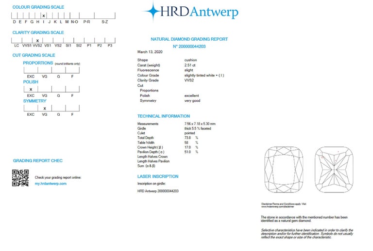 HRD Antwerp 2.80 Carat Three-Stone Cushion Diamond Ring For Sale at 1stDibs