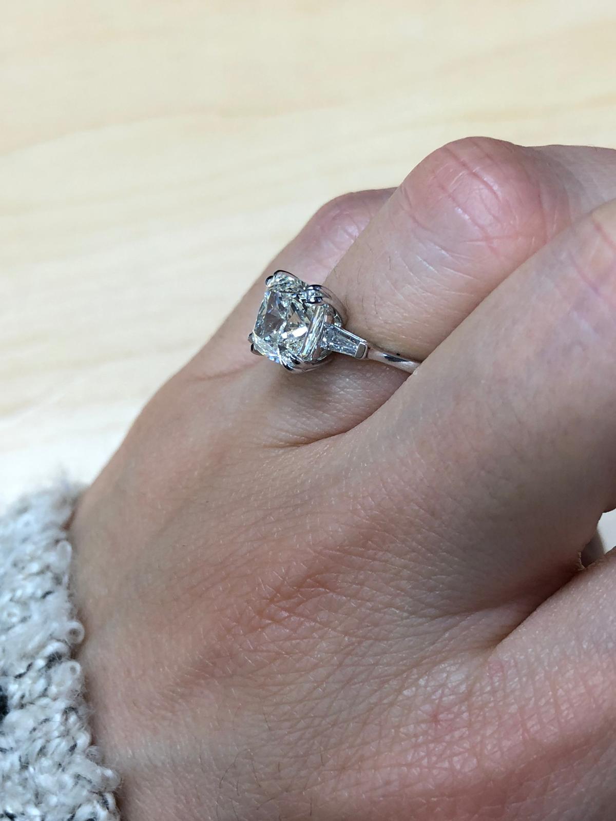 HRD Antwerp 2.80 Carat Three-Stone Cushion Diamond Ring For Sale at ...