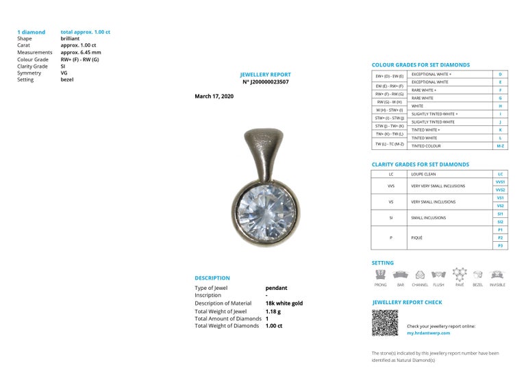 HRD Antwerp Certified 1.00 Carat Necklace 18k White Gold For Sale at ...
