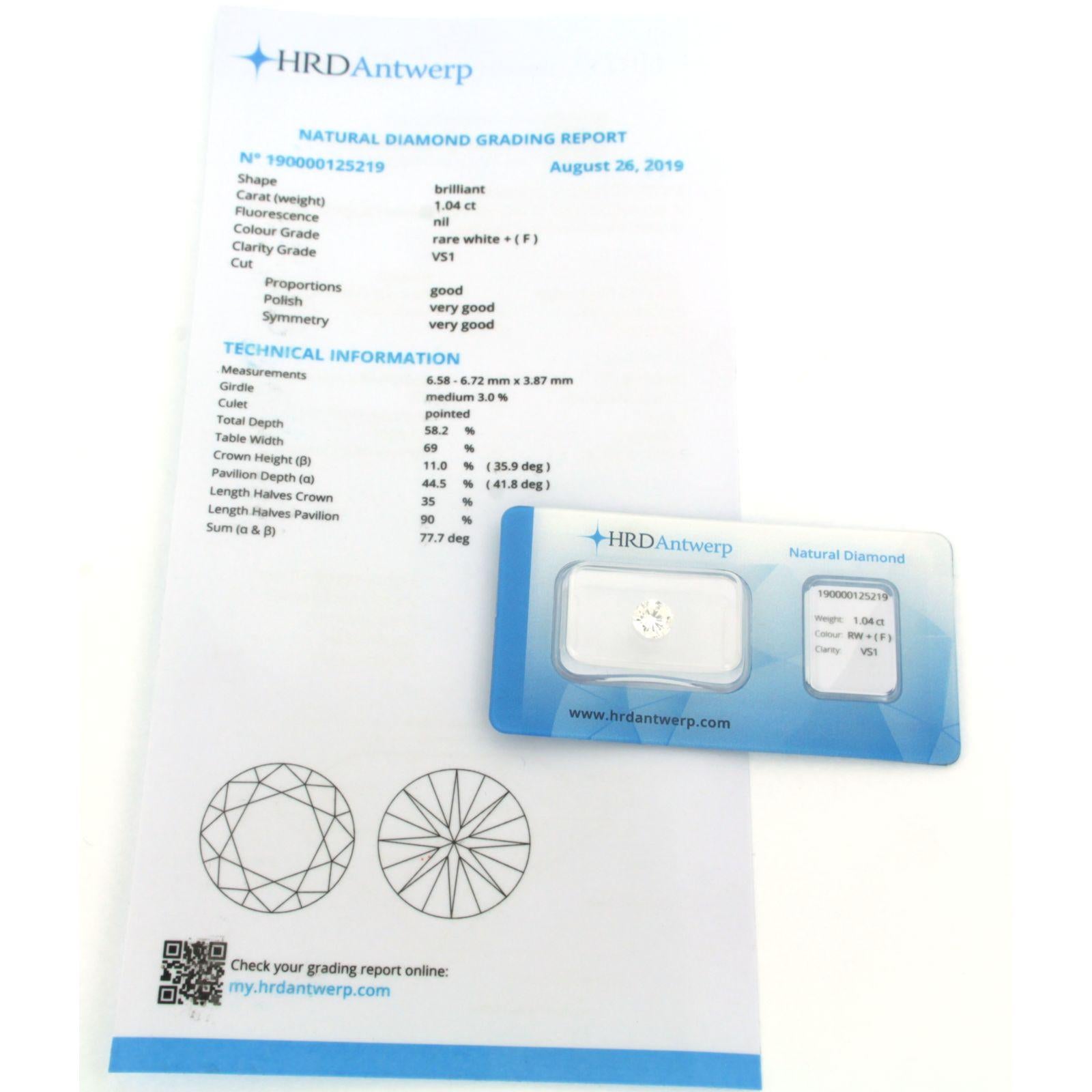 HRD Certified Brilliant cut Diamond 1.04 Carat For Sale at 1stDibs