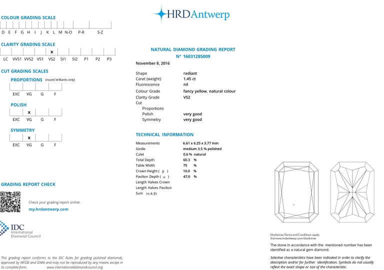 HRD Certified 1.45 Carat Fancy Yellow VS2 VG/VG Radiant Loose Diamond ...