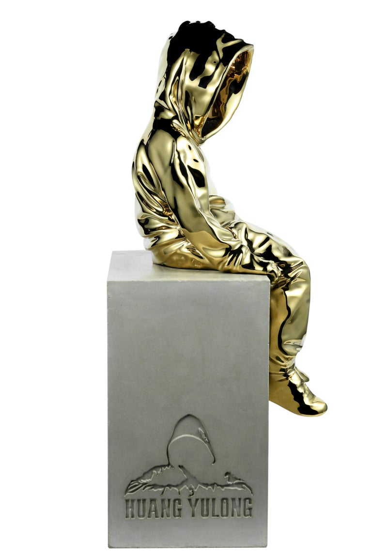 Huang Yulong - Top Dog Little Boy Ceramic Sculpture on Concrete Block ...