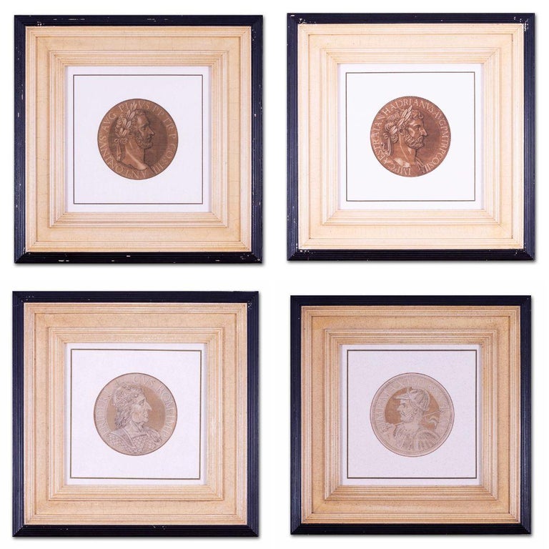 Four chiaroscuro medallion portrait woodcuts of emperors in sepia tones ...