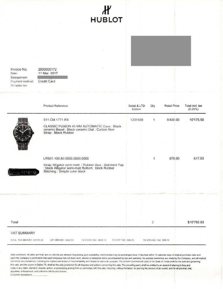 Hublot Black Ceramic Classic Fusion Black Magic Automatic 511.CM.1771 ...