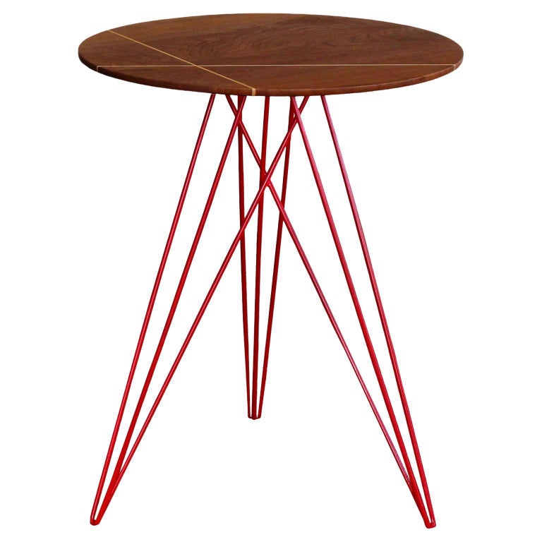 Hudson Hairpin Side Table with Wood Inlay Walnut Red For Sale at 1stDibs