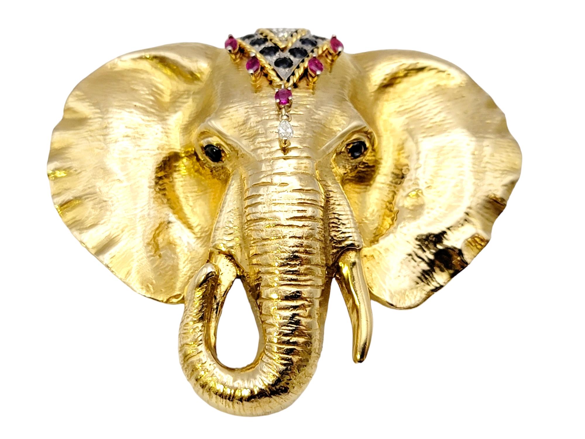 Huge 14 Karat Gold Elephant Head Brooch / Pendant with Diamond, Ruby ...