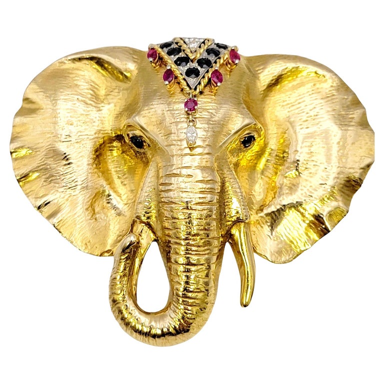 Huge 14 Karat Gold Elephant Head Brooch / Pendant with Diamond, Ruby ...
