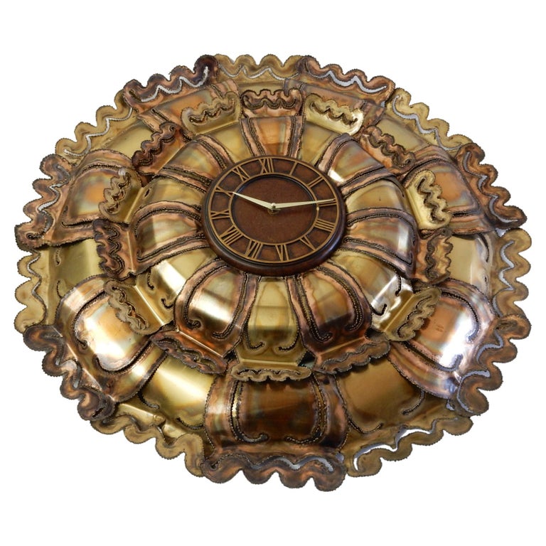 Huge 1970s Brutalist Brass and Copper Sunburst Sculpture Clock For Sale ...