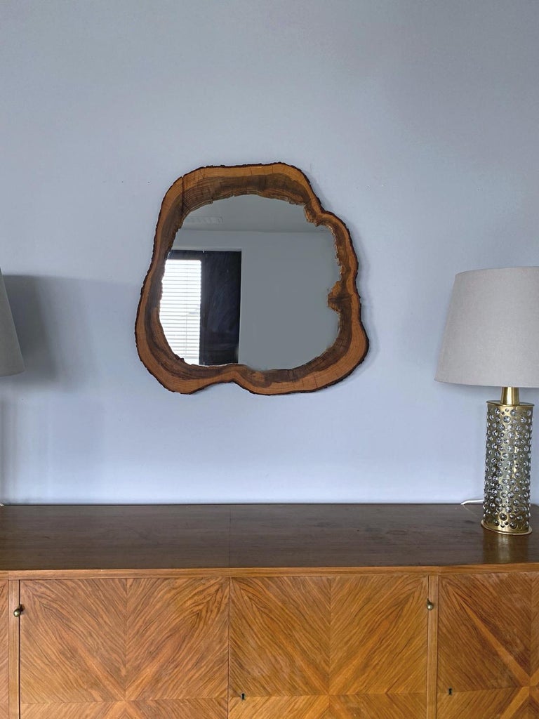 Huge Artisanal Walnut Wood Slab Midcentury Wall Mirror, 1956, Austria ...