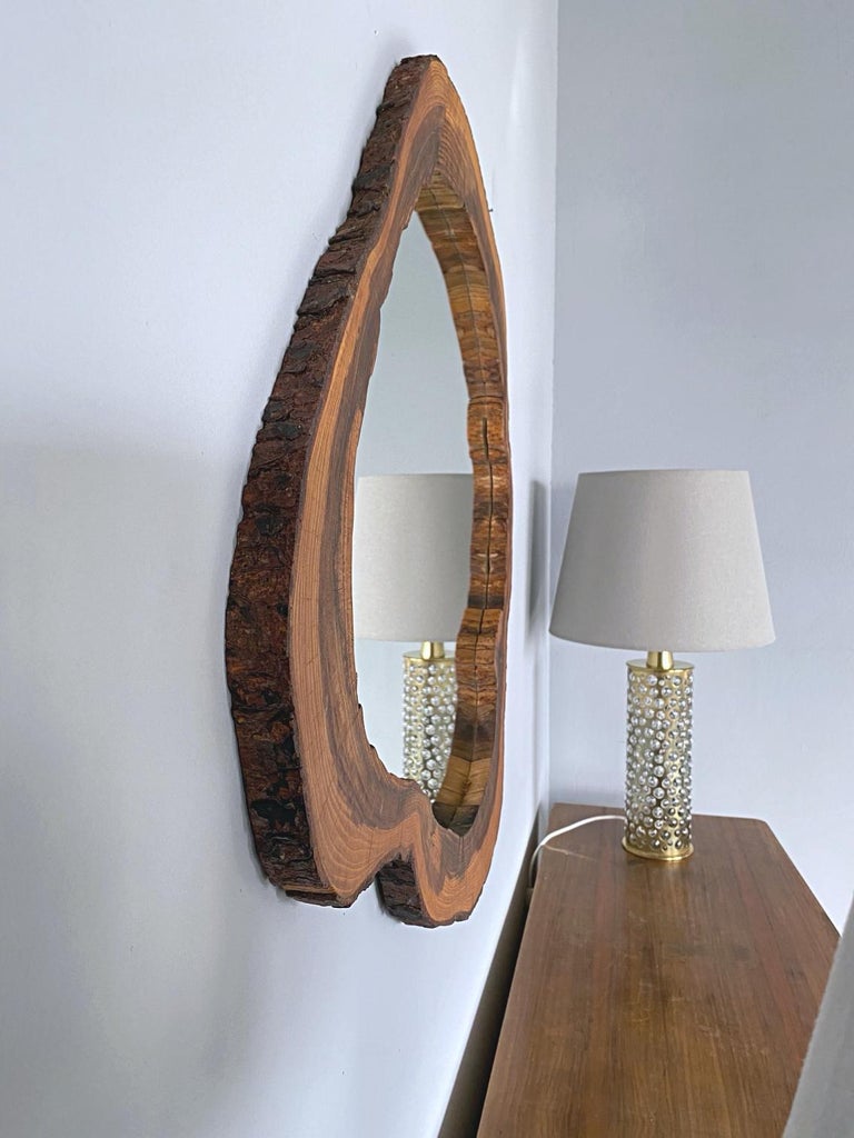 Huge Artisanal Walnut Wood Slab Midcentury Wall Mirror, 1956, Austria ...