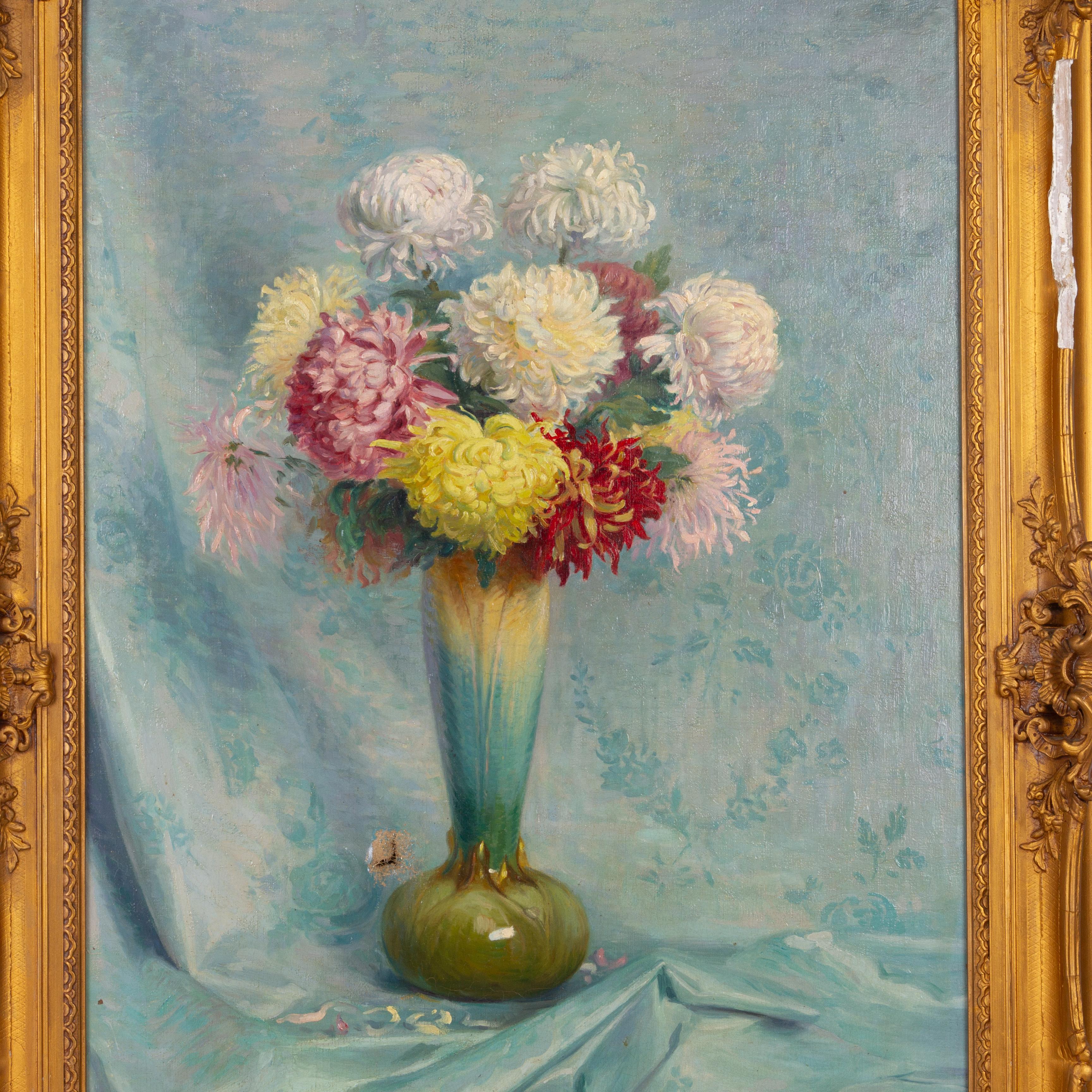 Huge Belgian Still Life Flowers in Vase Oil Painting Signed Early 20thC For Sale at 1stDibs