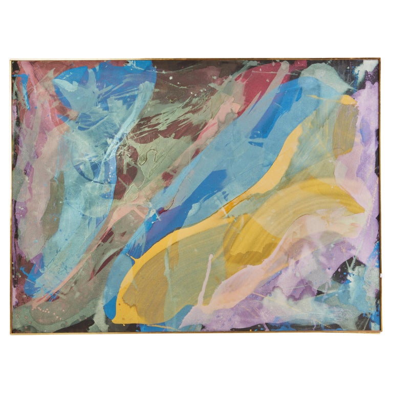 Huge Blue, Yellow and Lavender Abstract Acrylic Painting on Canvas by ...