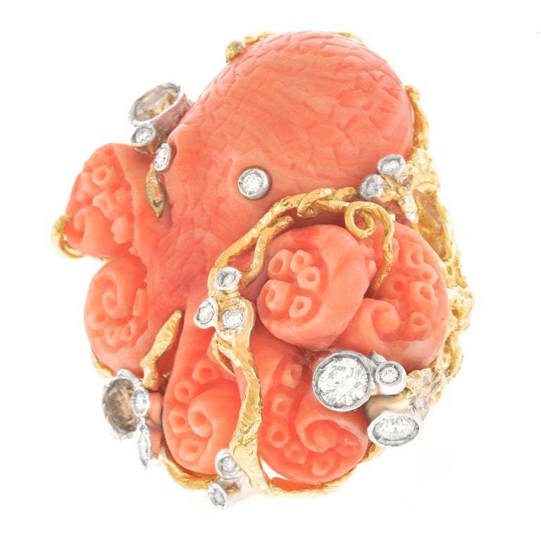 Huge Diamond Set Coral Gold Octopus Ring 18 Karat, Italy at 1stDibs ...