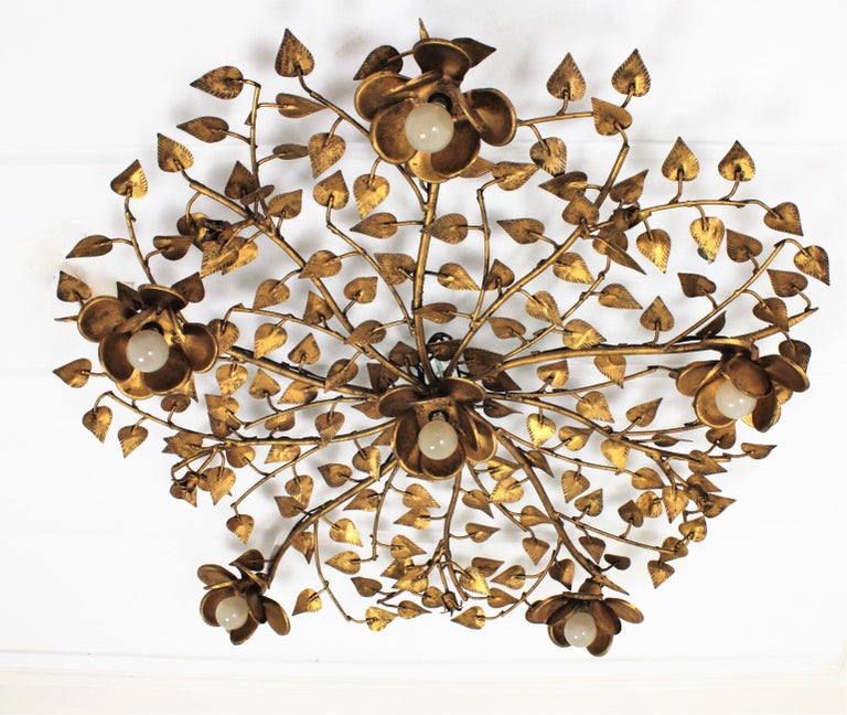 Huge Foliage Floral Flush Mount Light Fixture, Gilt Wrought Iron at 1stDibs