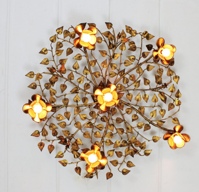 Huge Foliage Floral Flush Mount Light Fixture, Gilt Wrought Iron at 1stDibs