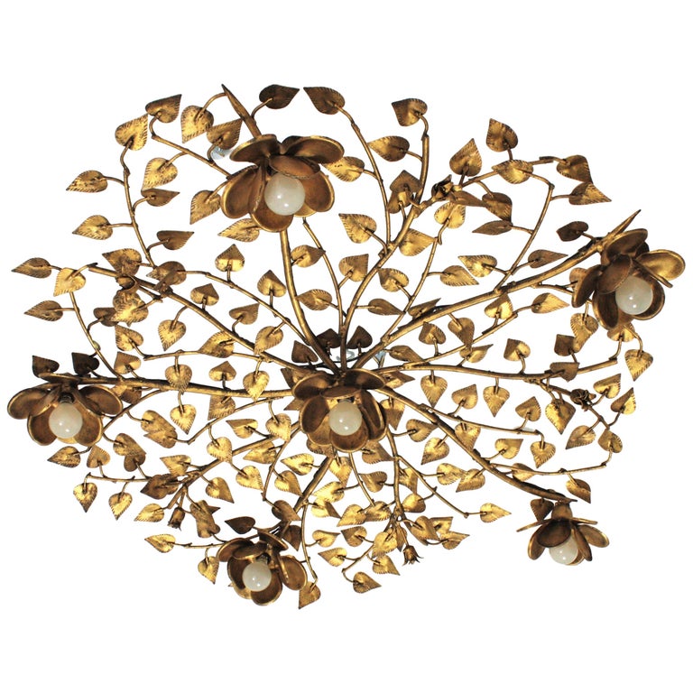 Huge Foliage Floral Flush Mount Light Fixture, Gilt Wrought Iron at ...
