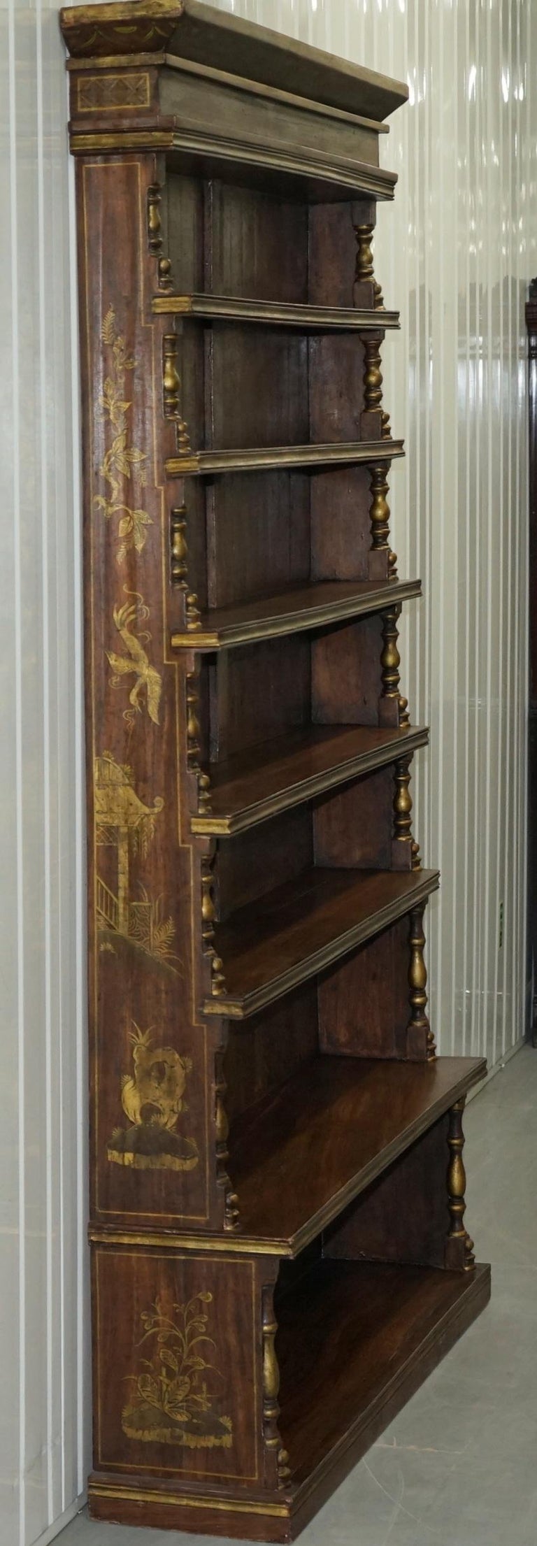 Huge Hand Painted Oak Waterfall Library Bookcase Gold Leaf Paint at 1stDibs