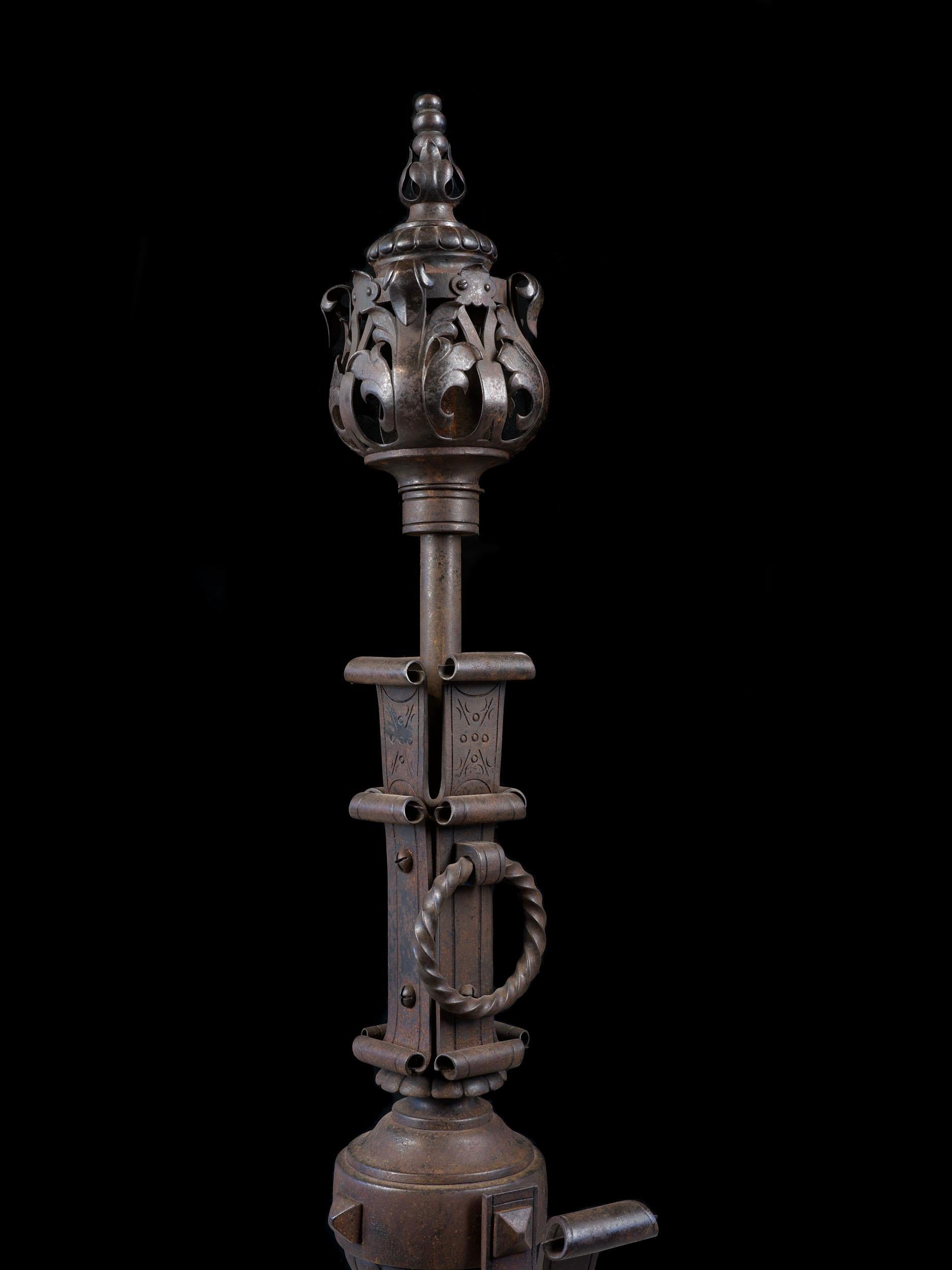 Huge Pair of Wrought Iron Renaissance Revival Andirons For Sale at 1stDibs