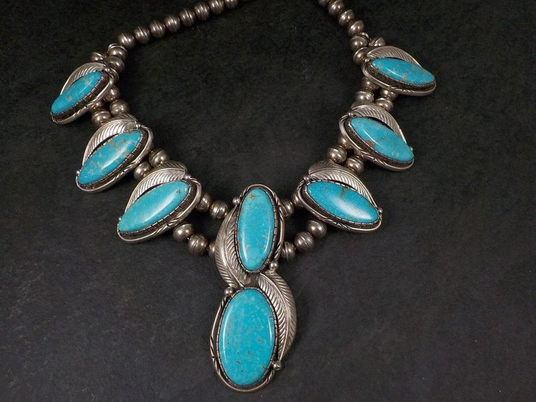 Huge Southwestern Sterling Navajo Turquoise Necklace For Sale at 1stDibs