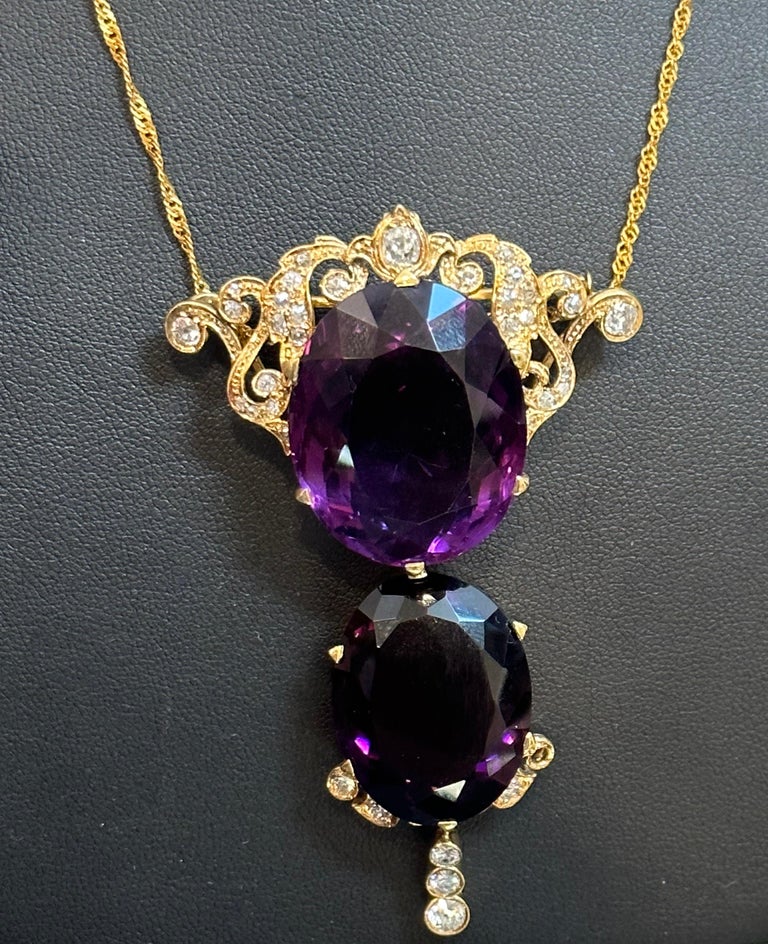 Huge Two Oval Shape Amethyst Pendant Necklace/ Pin and Diamonds 14 Kt ...