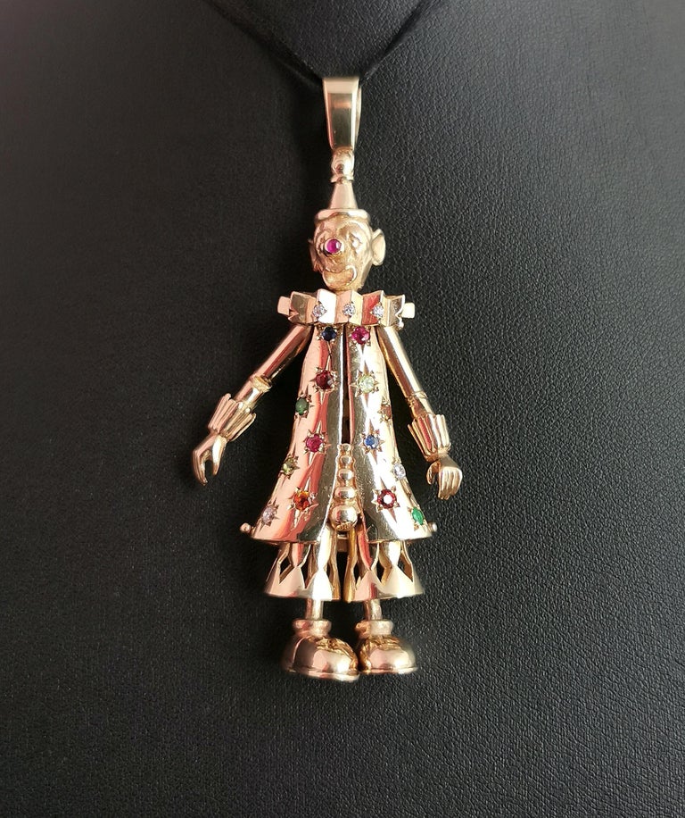 Huge Vintage 9k Gold Clown Pendant, Articulated, Multi Gemstone, 90s ...