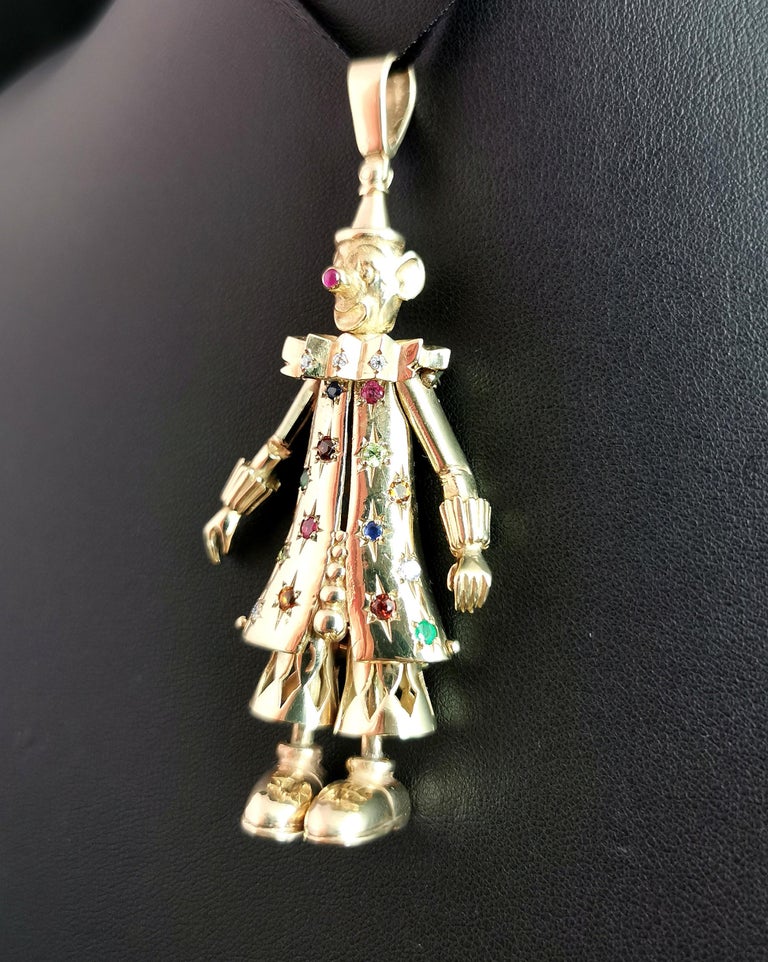 Huge Vintage 9k Gold Clown Pendant, Articulated, Multi Gemstone, 90s ...