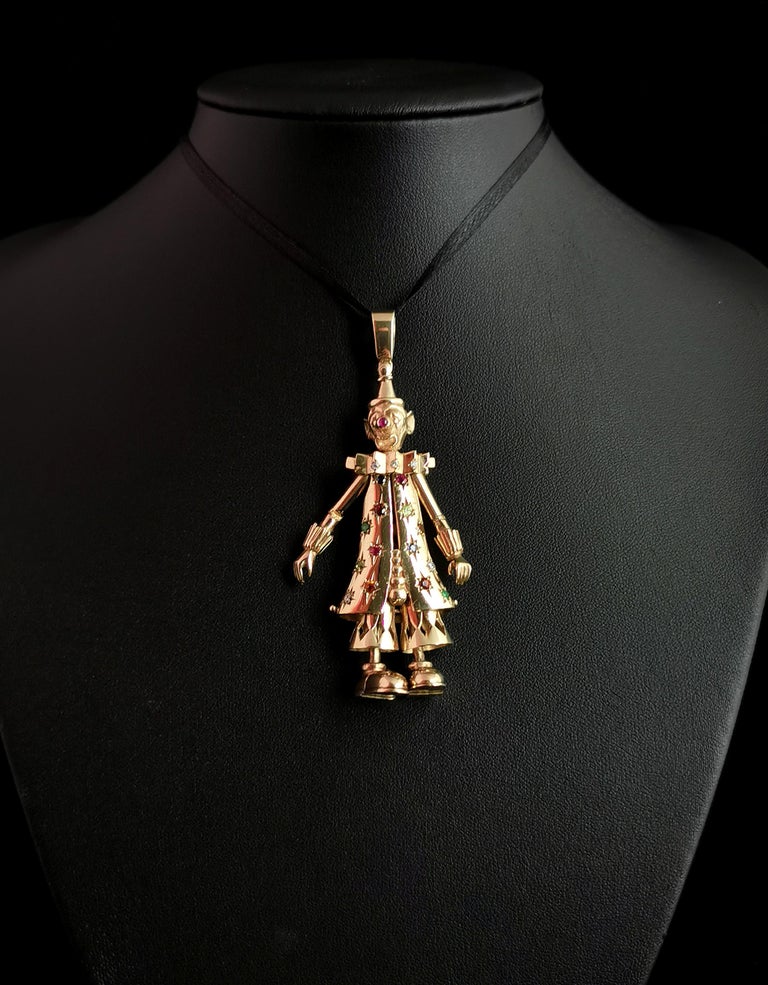 Huge Vintage 9k Gold Clown Pendant, Articulated, Multi Gemstone, 90s ...
