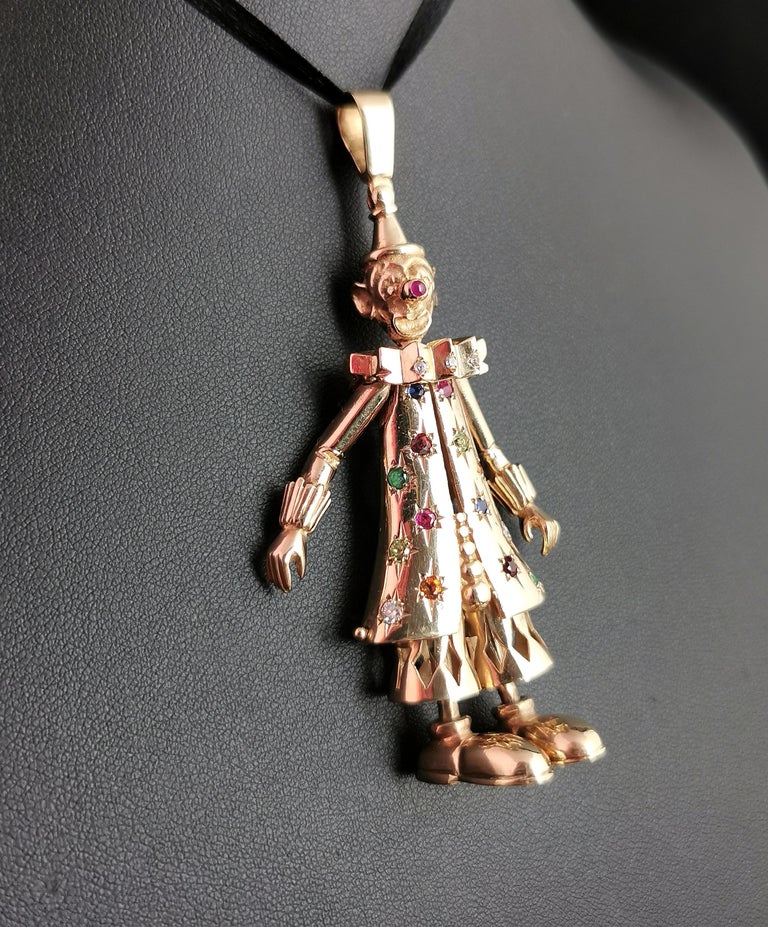 Huge Vintage 9k Gold Clown Pendant, Articulated, Multi Gemstone, 90s ...