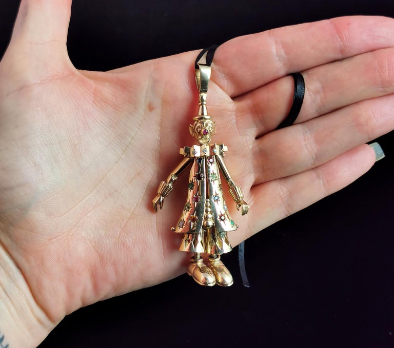 Huge Vintage 9k Gold Clown Pendant, Articulated, Multi Gemstone, 90s ...