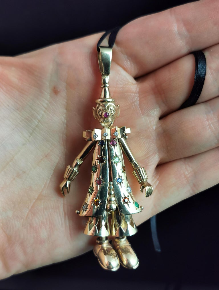 Huge Vintage 9k Gold Clown Pendant, Articulated, Multi Gemstone, 90s ...