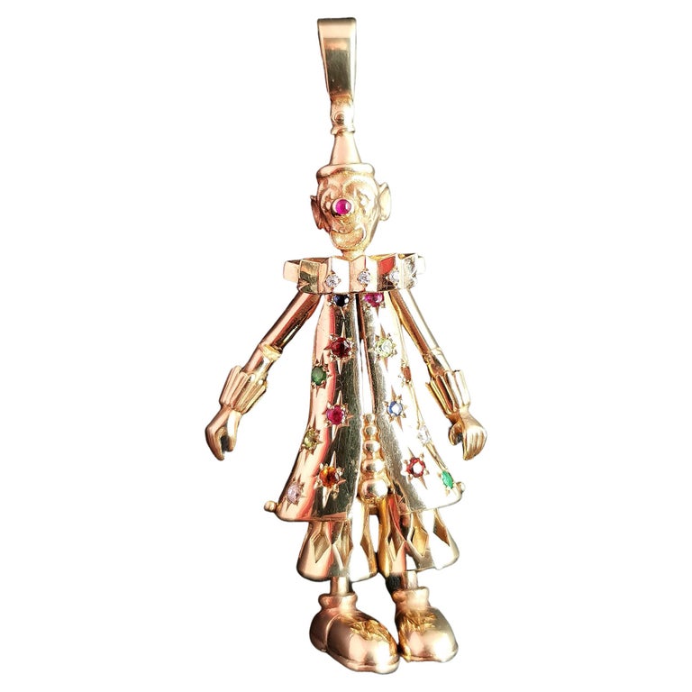 Huge Vintage 9k Gold Clown Pendant, Articulated, Multi Gemstone, 90s ...