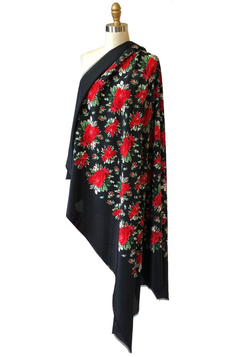 Huge Vintage Yves Saint Laurent Silk Red Rose Print Black Scarf at 1stDibs
