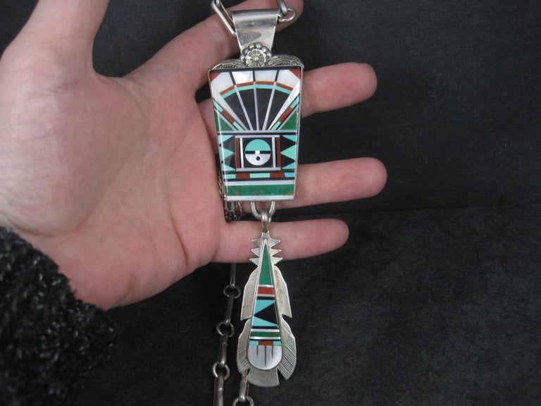 Huge Vintage Zuni Sunface Feather Inlay Pendant Necklace For Sale at ...