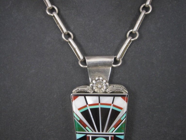 Huge Vintage Zuni Sunface Feather Inlay Pendant Necklace For Sale at ...