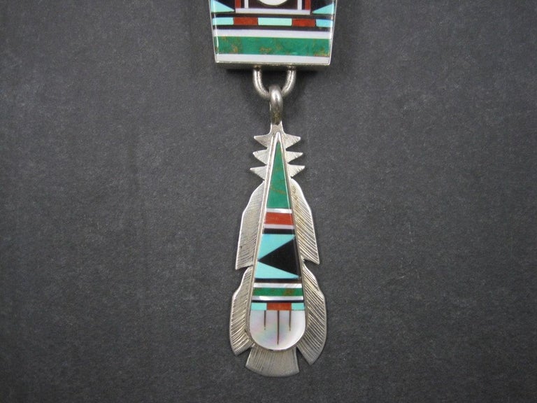 Huge Vintage Zuni Sunface Feather Inlay Pendant Necklace For Sale at ...
